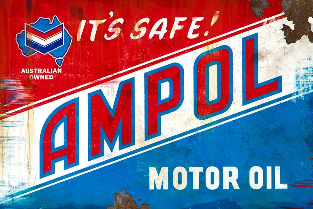 Ampol It's Safe Motor Oil Tin Sign - Mildura Holden Motor Museum