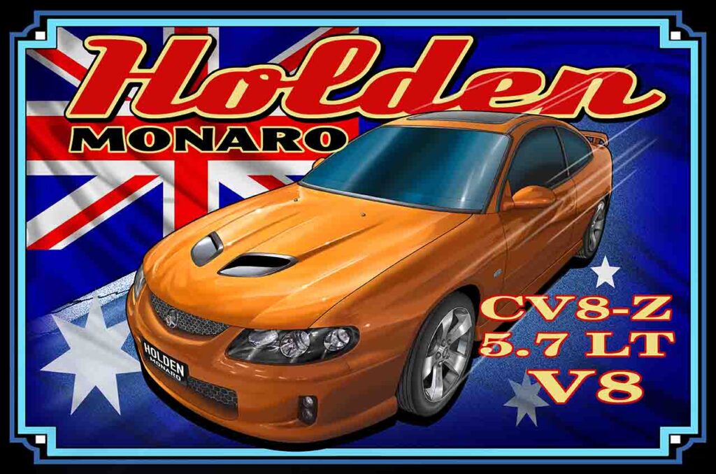Holden CV8-Z Monaro Australia Flag Tin Sign - Mildura Holden Motor Museum